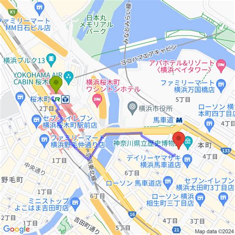 桜木町駅から神奈川県立歴史博物館へのルートマップ Mdata