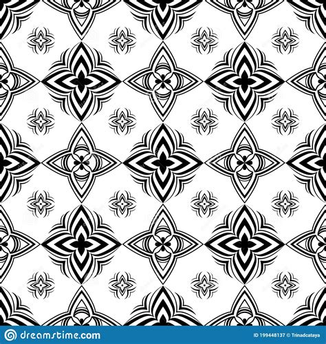 Abstract Black And White Ornament Oriental Curve Swirls Seamless Pattern With Flowers And Curls