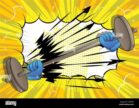 Vector Cartoon Hand Lifting Barbell Illustrated Sign On Comic Book