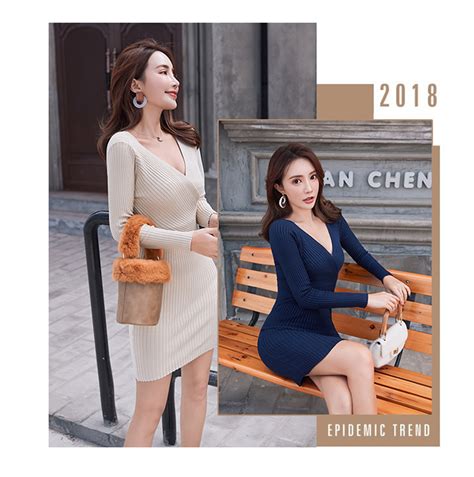 2019 New Fashion V Neck Knit Dress Sexy Sweater Long Slim Bottoming