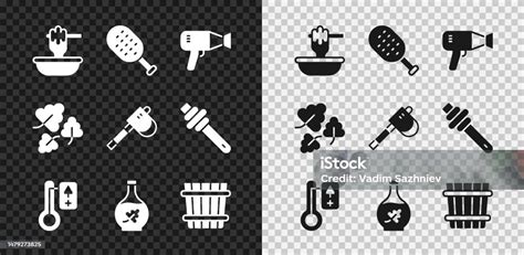 그릇 사우나 브러시 헤어 드라이어 온도계 에센셜 오일 병 양동이 오크 잎 및 나무 도끼 아이콘으로 꿀 국자 스틱을 설정합니다 벡터 가을에 대한 스톡 벡터 아트 및 기타