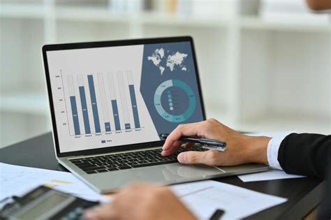 Premium Photo Closeup Male Analyst Using Laptop Working With Marketing Research Results Or