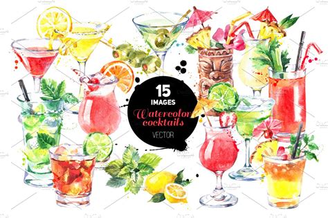 Cocktails Watercolor Vector Set Food Illustrations ~ Creative Market