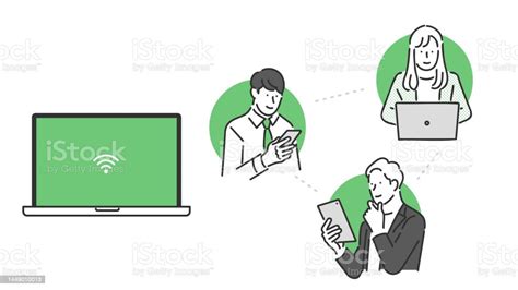 온라인으로 정보를 공유하는 비즈니스 사람들의 팀의 그림 일러스트레이션에 대한 스톡 벡터 아트 및 기타 이미지 일러스트레이션
