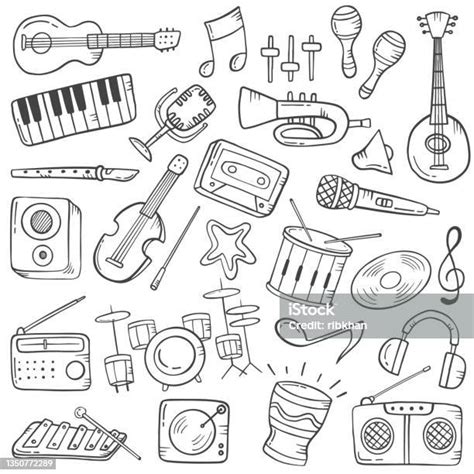 블랙과 화이트 스타일의 악기 산업 컨셉 낙서 핸드 그린 세트 컬렉션 벡터에 대한 스톡 벡터 아트 및 기타 이미지 벡터 외형선 컷아웃 Istock