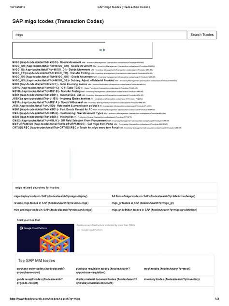 Sap Migo Tcodes Transaction Codes