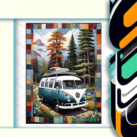 Vw Bus Quilt Patterns Patchwork Nature Landscape Camping Wall Art