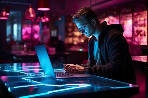 Premium AI Image Software Developer Working On Laptop In Futuristic