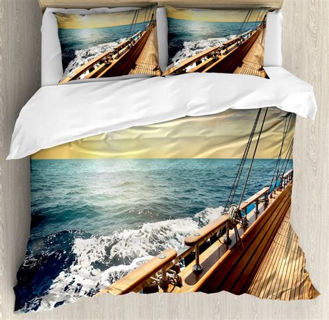 Nautical Queen Size Duvet Cover Set Sailboat Yacht On Wavy Sea At