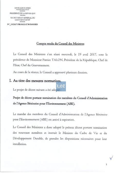 Bénin Compte Rendu Du Conseil Des Ministres Du 19 Avril 2017 La