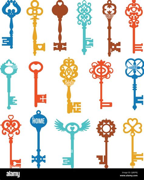 Colorful Keys Set Of Different Shape Ornament And Secrecy In Vintage Style Isolated Vector
