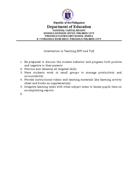 Intervention In Teaching Epp And Tle Pdf