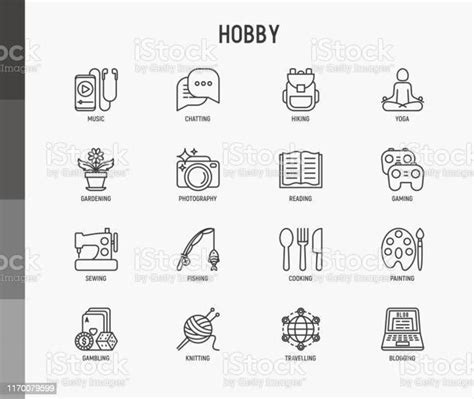Hobi Ikon Garis Tipis Set Membaca Permainan Berkebun Fotografi Memasak