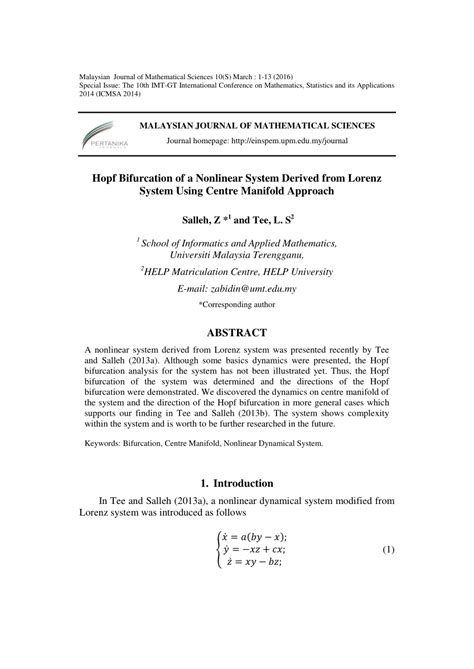 Pdf Hopf Bifurcation Of A Nonlinear System Derived From Lorenz System Using Centre Manifold