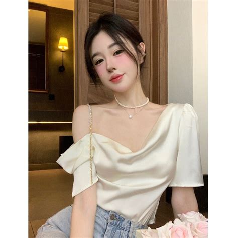 오프 숄더 고급 쉬폰 셔츠 여성용 디자인 센스 틈새 여름 퓨어 핫 걸 섹시 쇼트 오프 숄더 탑 Aliexpress