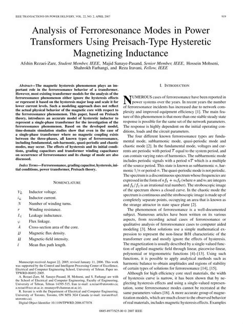 Pdf Analysis Of Ferroresonance Modes In Power Transformers Using Preisach Type Hysteretic