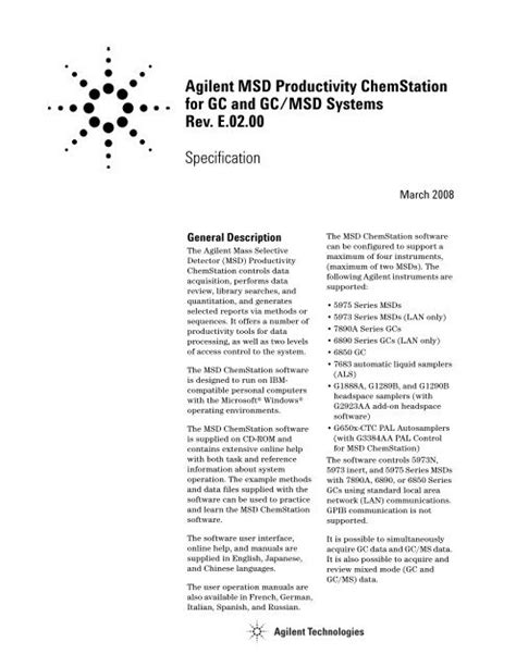 Agilent Msd Productivity Chemstation Agilent Technologies