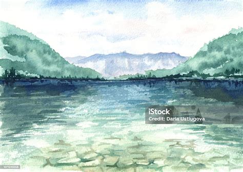 호수와 산의 아름 다운 풍경을 물에 반영 수채화 손으로 그린 그림 수채화에 대한 스톡 벡터 아트 및 기타 이미지 수채화