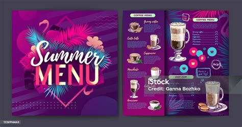레스토랑 여름 열대 그라데이션 커피 메뉴 디자인 형광 열대 잎과 플라밍고 과일에 대한 스톡 벡터 아트 및 기타 이미지 과일 그라데이션 라떼 Istock
