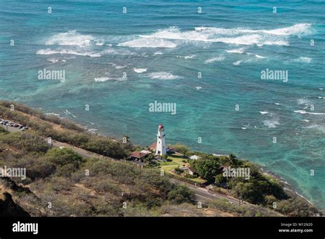 Beautiful Aerial Diamond Head Lighthouse Vista On Oahu Hawaii Stock