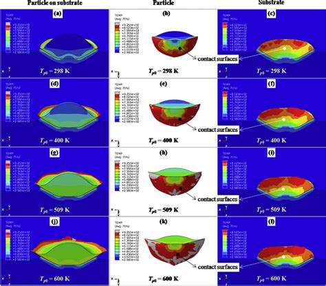 temperature contour plots of the deformed particle and the substrate at