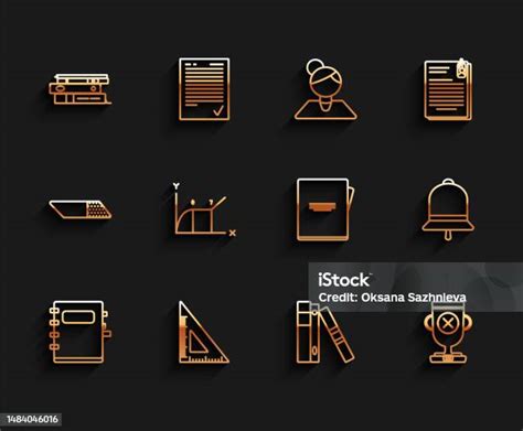 라인 노트북 삼각형 눈금자 서류 및 문서가있는 Office 폴더 수상 컵 파이 차트 인포 그래픽 울리는 벨 및 아이콘을 설정합니다 벡터 개념에 대한 스톡 벡터 아트 및 기타