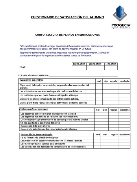Cuestionario De Satisfacción Del Alumno Curso Lectura De Planos En
