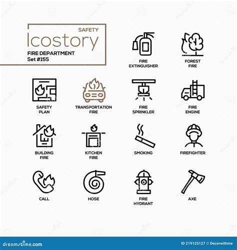 Fire Department Line Design Style Icons Set Stock Vector