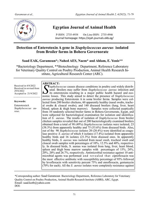 Pdf Detection Of Enterotoxin A Gene In Staphylococcus Aureus Isolated From Broiler Farms In