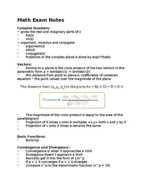 Math Exam Notes Math Exam Notes Complex Numbers ~ Gives The Real And Imaginary Parts Of Z
