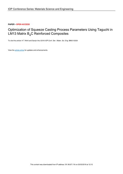 Pdf Optimization Of Squeeze Casting Process Parameters Using Taguchi In Lm13 Matrix B 4 C