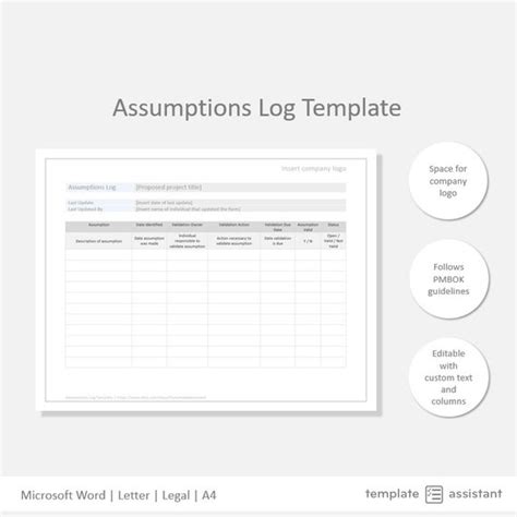 Project Assumptions Log Project Management Template Etsy Uk