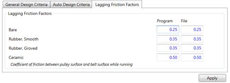 Explore Program Belt Analyst Main Menu Defaults Pulley Defaults