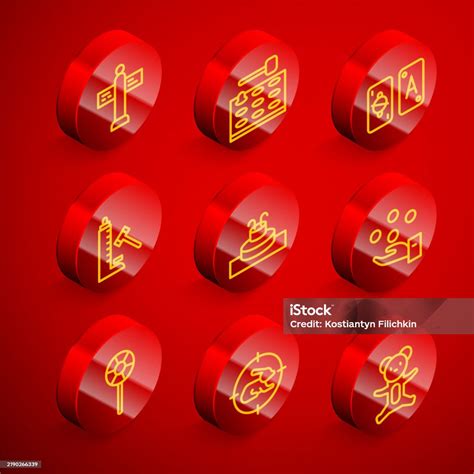 세트 라인 도로 교통 표지판 아케이드 게임기 타로 카드 망치 분수 저글링 볼 롤리팝 및 사냥 토끼 십자선 아이콘을 가진 스트라이커 어트랙션 벡터 3차원 형태에 대한 스톡