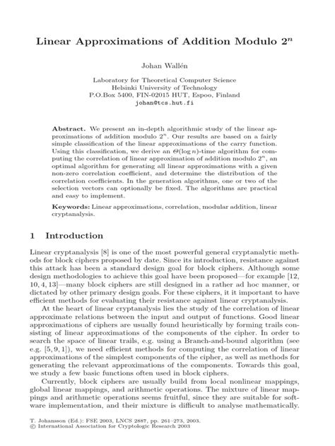 Linear Approximations Of Addition Modulo Pdf Cryptanalysis Function Mathematics