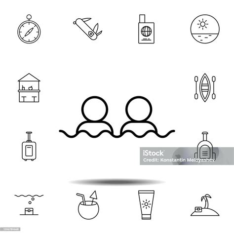 수영 바다 아이콘에 두 사람 Ui 및 Ux 웹 사이트 또는 모바일 응용 프로그램에 대해 설정 된 여름 아이콘의 간단한 얇은 선