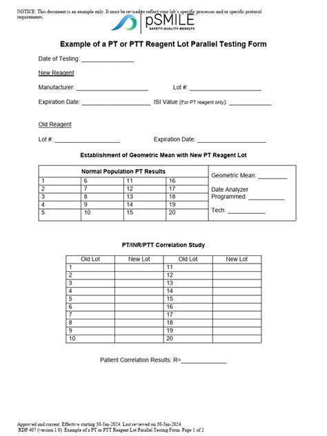 Rdp 407 Example Of A Pt Or Ptt Reagent Lot Parallel Testing Form Pdf Reference Range