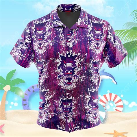 ghostly evolution ghastly haunter gengar pokemon button up hawaiian