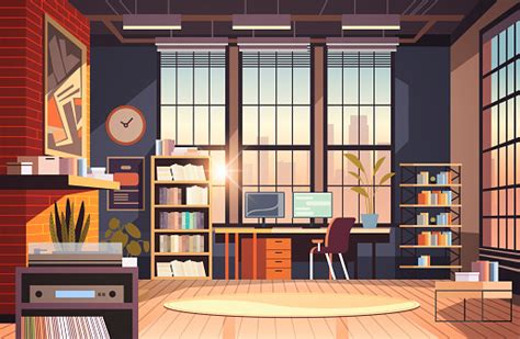 창조적 인 빈 사람이 없는 아파트 기업 또는 프리랜서 작업을 위한 가구가 있는 열린 공간의 현대적인 로프트 인테리어 홈 오피스 0명에 대한 스톡 벡터 아트 및 기타 이미지