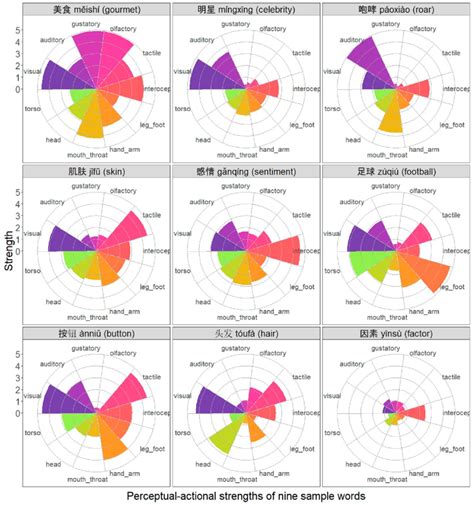 Polar Plots Demonstrate Some Example Words Encompassing 11 Sensorimotor