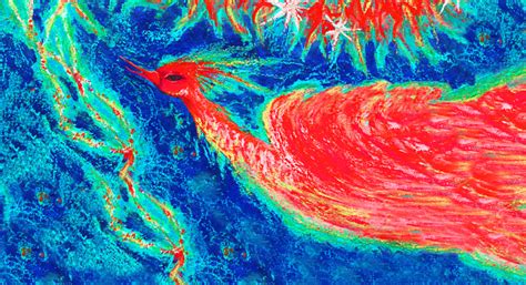 패셔너블한 일러스트레이션 우화 현대 미술 인상주의 회화 수평 상징적 구성 내 원래 유화 캔버스 초상화 에 불타는 빛나는 빨간 요정 새의 빛나는 별과 밝은 의 배경에 대 한