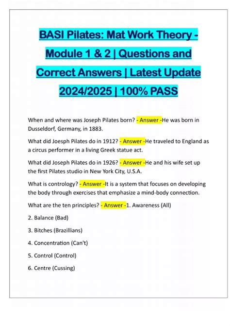 Basi Pilates Mat Work Theory Module 1 And 2 Questions And Correct Answers Latest Update