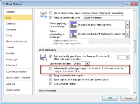 Choosing The Folder To Save A Sent Message In