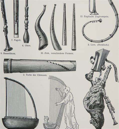 1897 Antique Print Of Ancient Musical Instruments Different Types