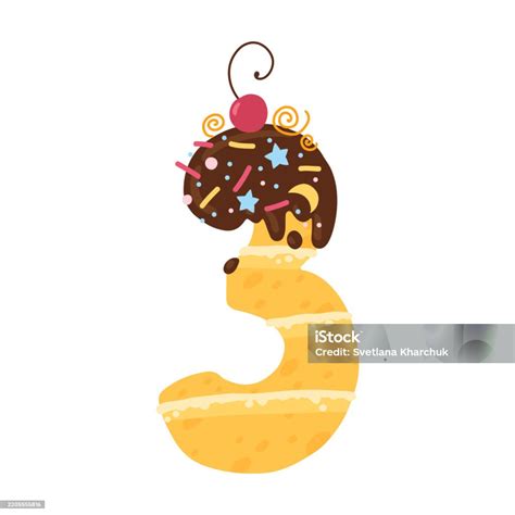 초콜릿 아이싱 사탕 스프링클을 곁들인 3번 생일 케이크 숫자 3 모양으로 새겨진 크림 비스킷 간단한 만화 손으로 그린 스타일의 벡터 그림 다채로운 격리 0명에 대한 스톡