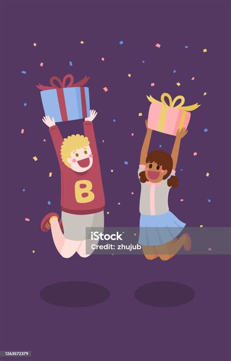 다른 나라에서 소녀와 소년은 선물 벡터 일러스트를 얻을 때 행복으로 점프 개념에 대한 스톡 벡터 아트 및 기타 이미지 개념 공휴일 디자인 Istock