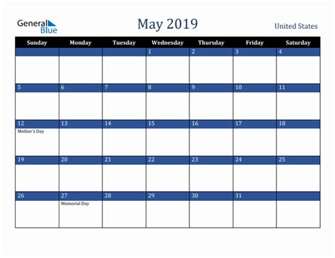 May 2019 United States Holiday Calendar