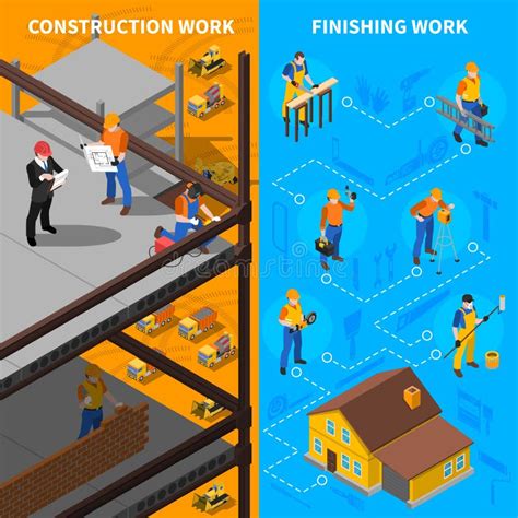 Construction Workers Isometric Banners Set Stock Vector Illustration