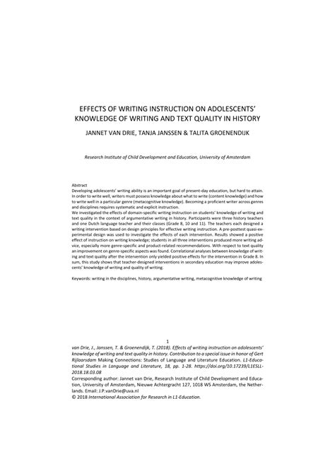 Pdf Effects Of Writing Instruction On Adolescents Knowledge Of Writing And Text Quality In