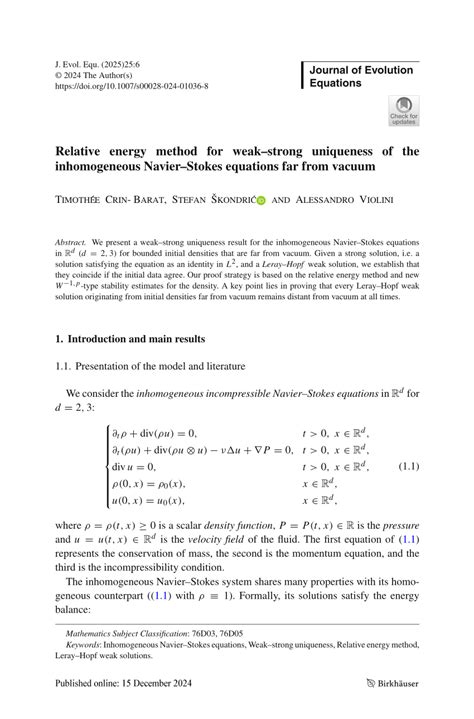 Pdf Relative Energy Method For Weak Strong Uniqueness Of The Inhomogeneous Navier Stokes